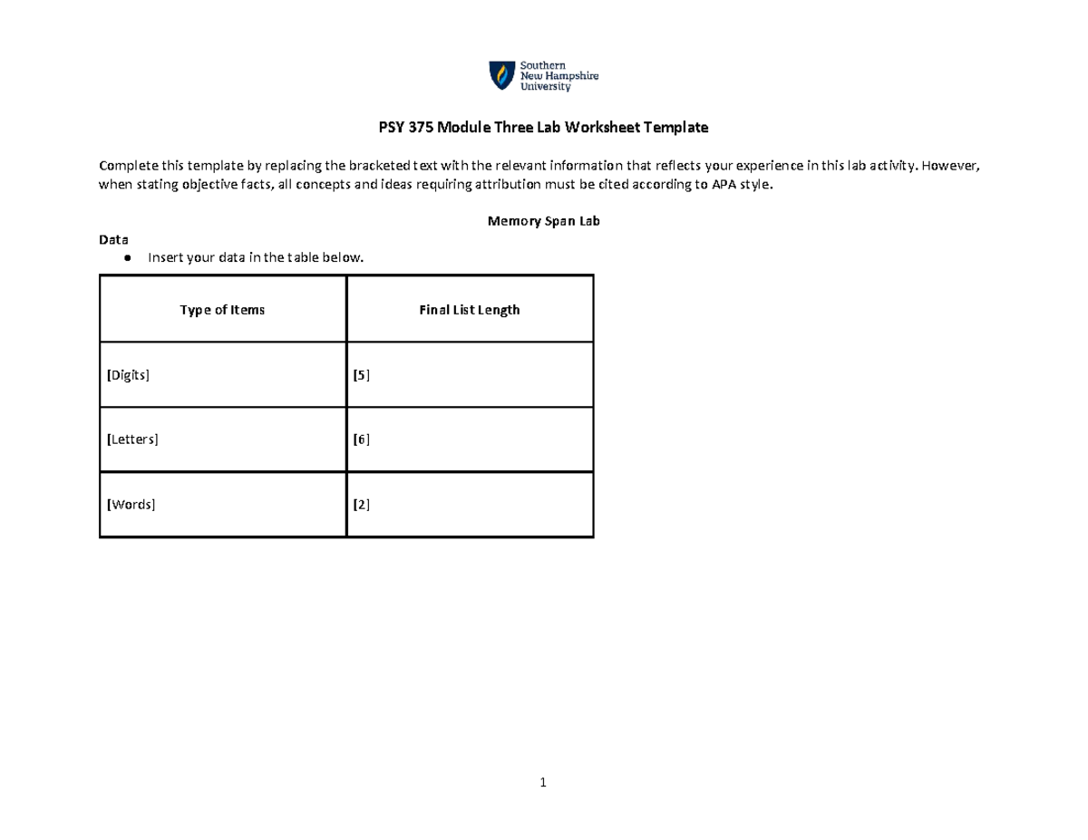 PSY 375 Memory Span and Mental Rotation Lab Worksheet - Studocu