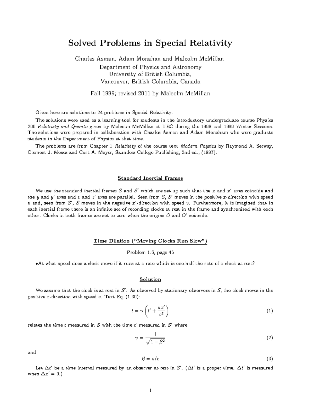 Physics 200: 2019 Sample Exam Q&A on Special Relativity Solutions - Studocu