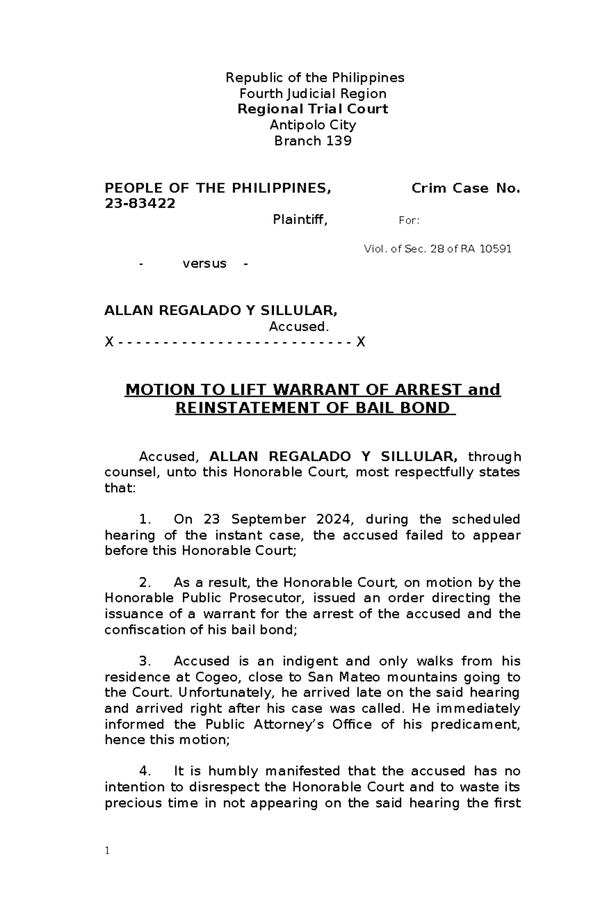 Motion to Lift Warrant of Arrest - Crim Case No. 23- - Allan Regalado ...