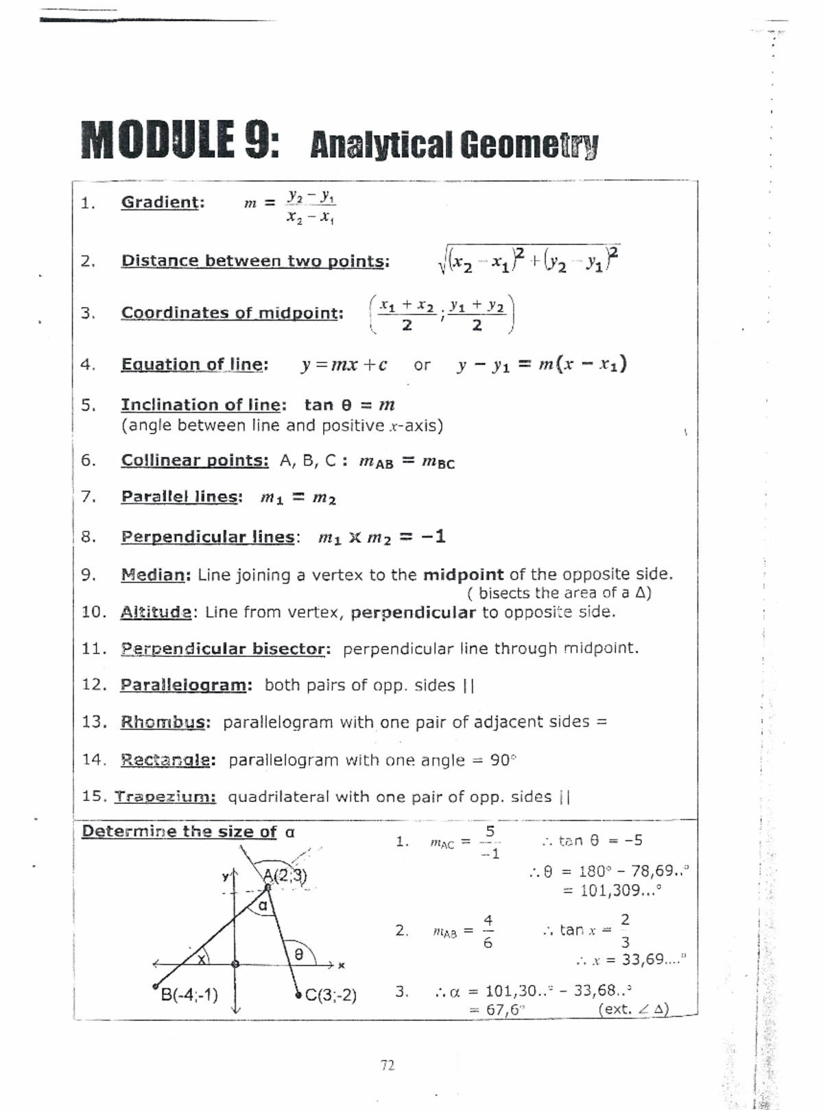 Module 9 Analytical geometry - MODUlE 9: Analytical Geomenn} Gradient: m= Distance between two ...