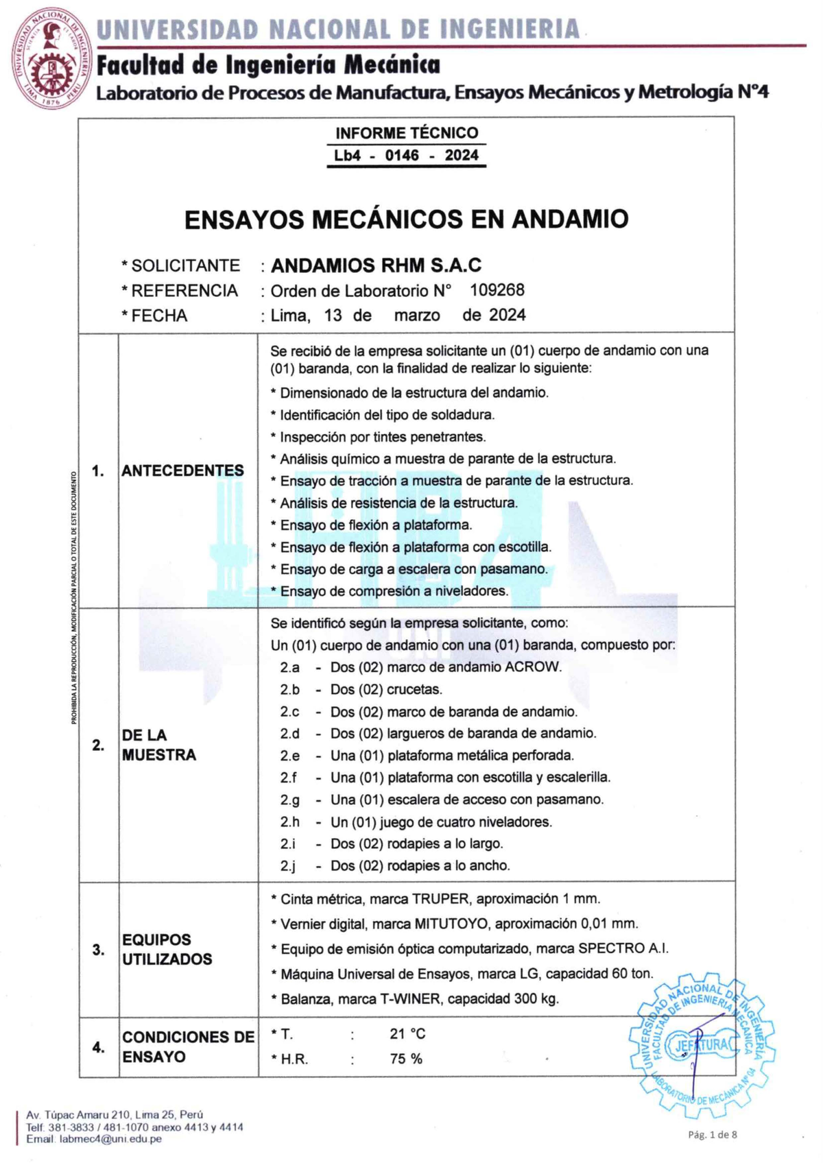 Informe Técnico Lb4 0146 2024: Ensayos Mecánicos de Andamios RHM S.A.C ...