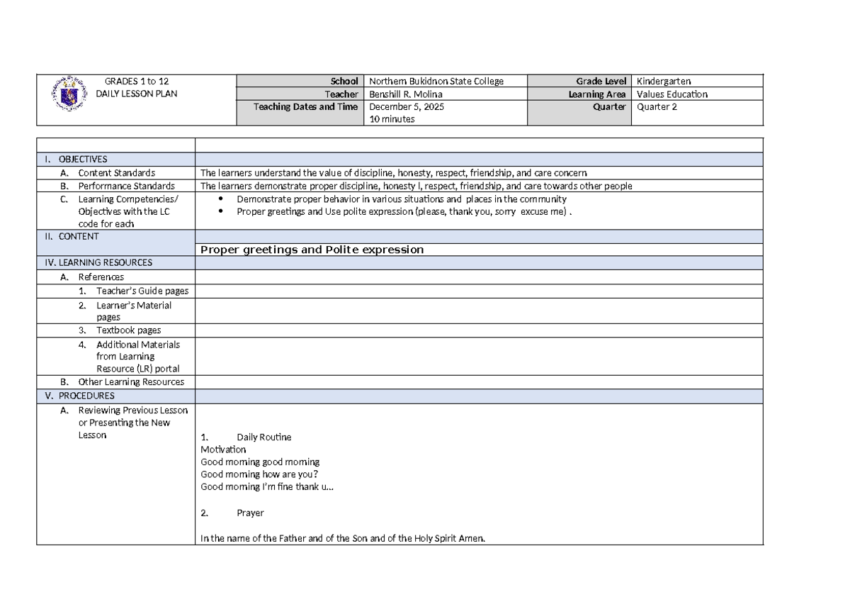 Daily Lesson Plan for Kindergarten Values Ed (Quarter 2) - Studocu