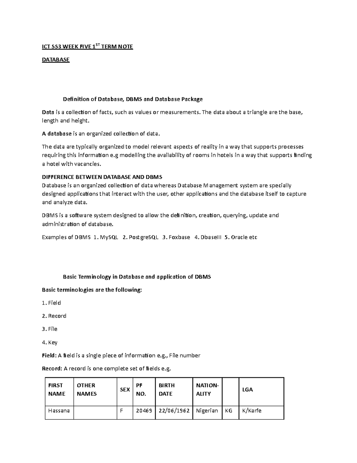 ICT SS3 1ST TERM NOTES: DATABASE Definition & Management - Studocu
