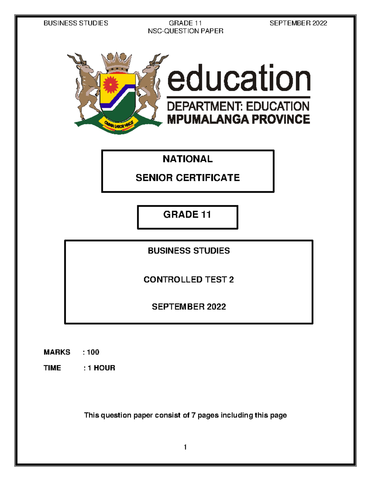 Grade 11 Business Studies NSC Controlled Test 2 Question Paper - Sept ...