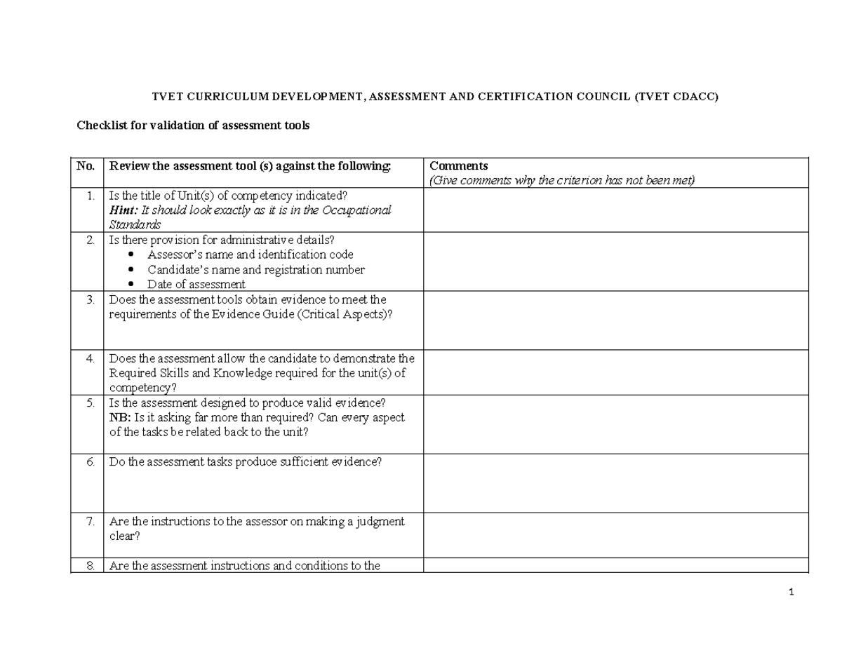 TVET CDACC Checklist for Validating Assessment Tools - Studocu