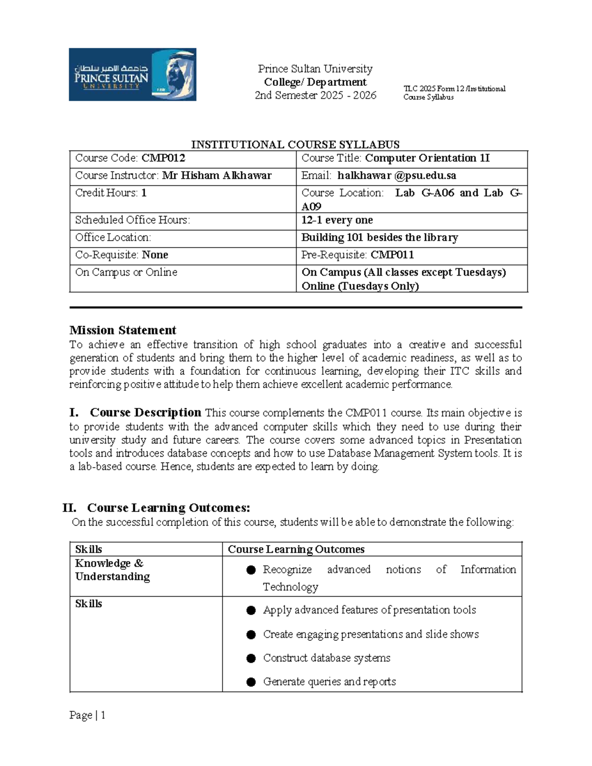 CMP012 Course Syllabus: Computer Orientation II - TLC 2025 - Studocu