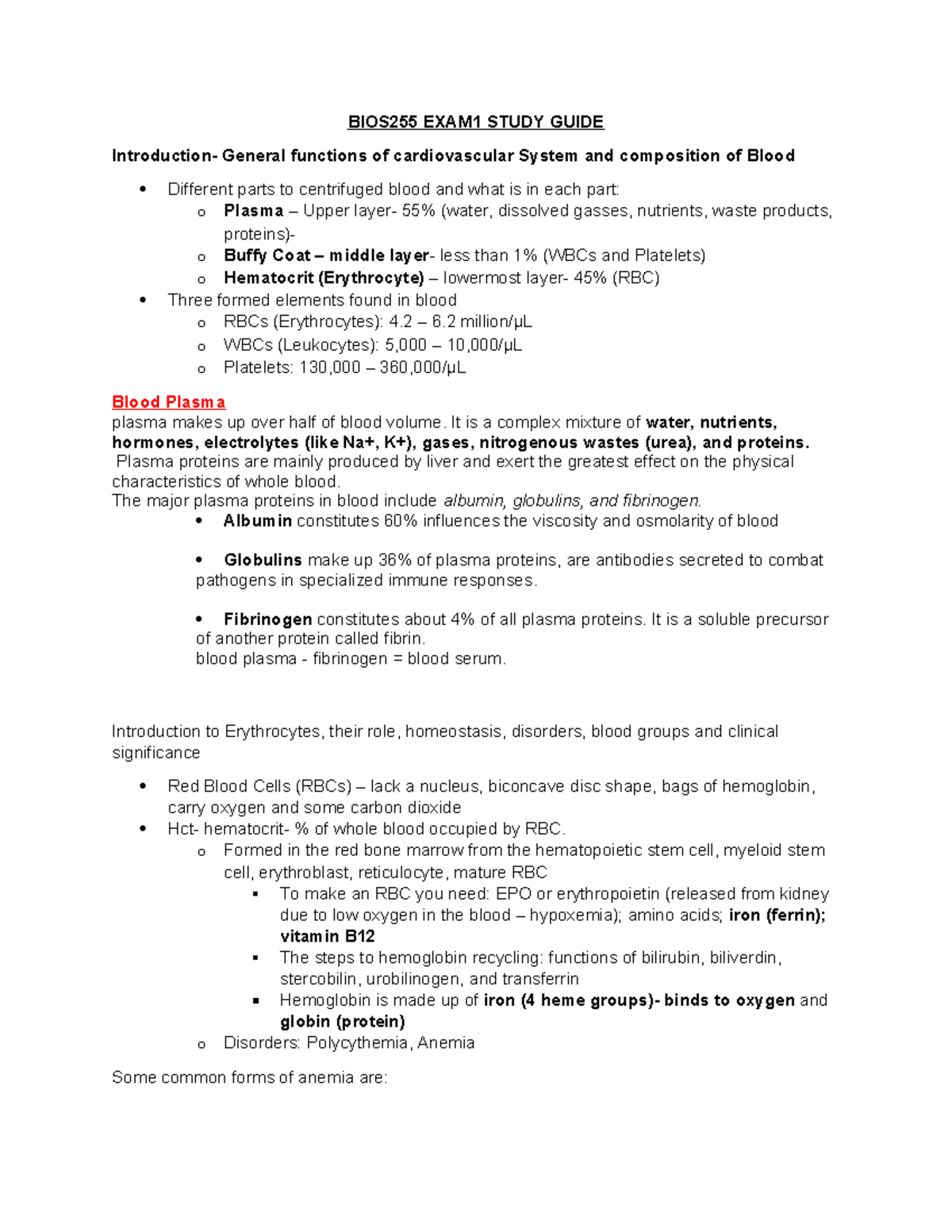 BIOS255 Exam 1 Study Guide: Cardiovascular and Blood Functions - Studocu