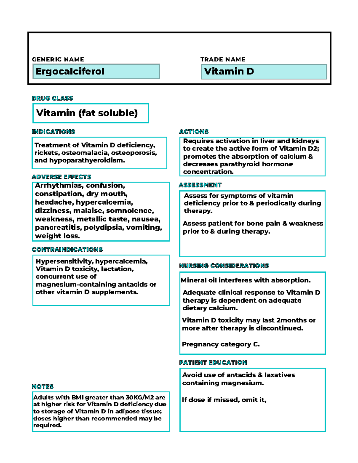 Vitamin D Drug Card: Ergocalciferol Overview and Considerations - Studocu