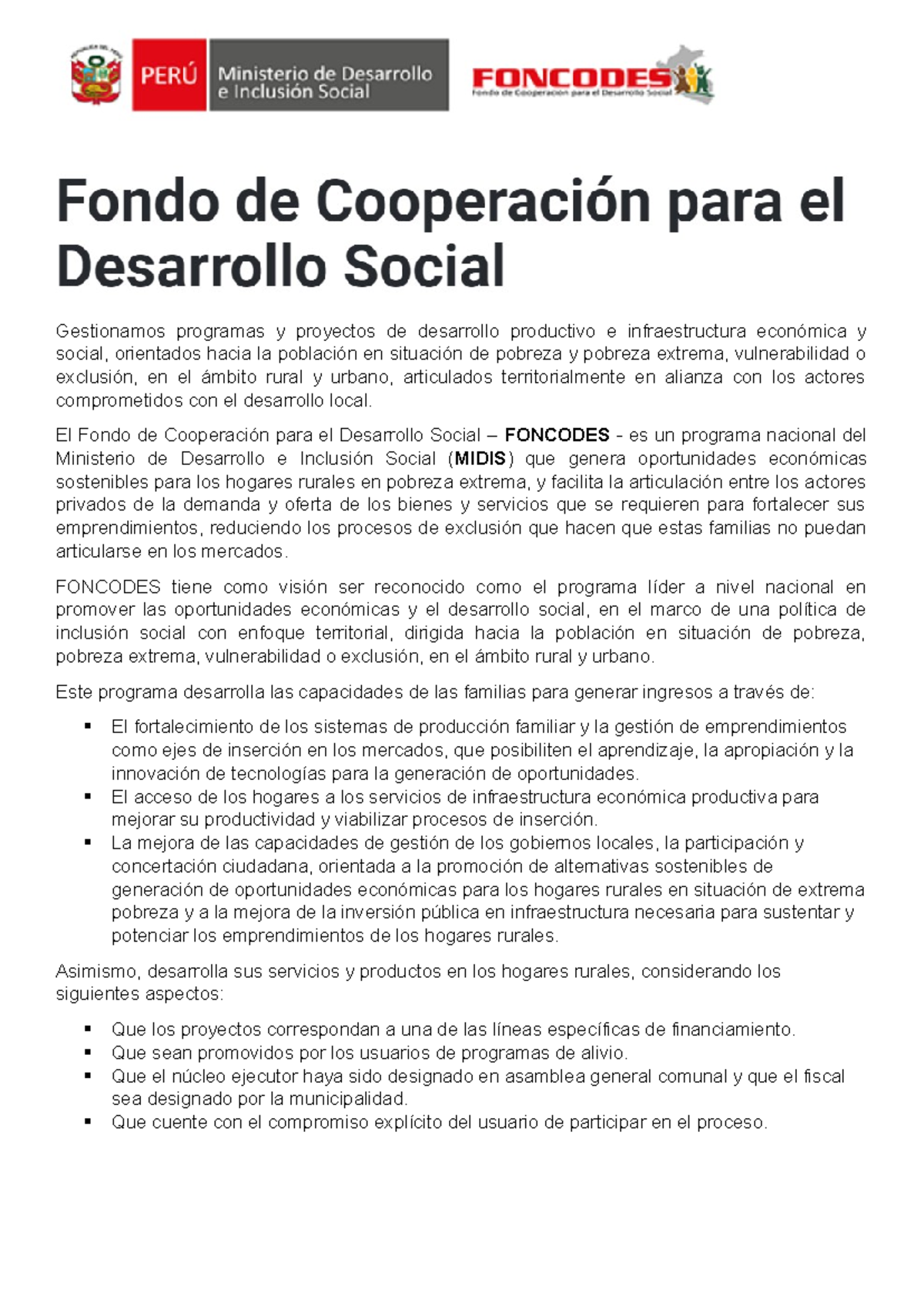 FONCODES: Programa de Inclusión y Desarrollo Económico Rural - Studocu