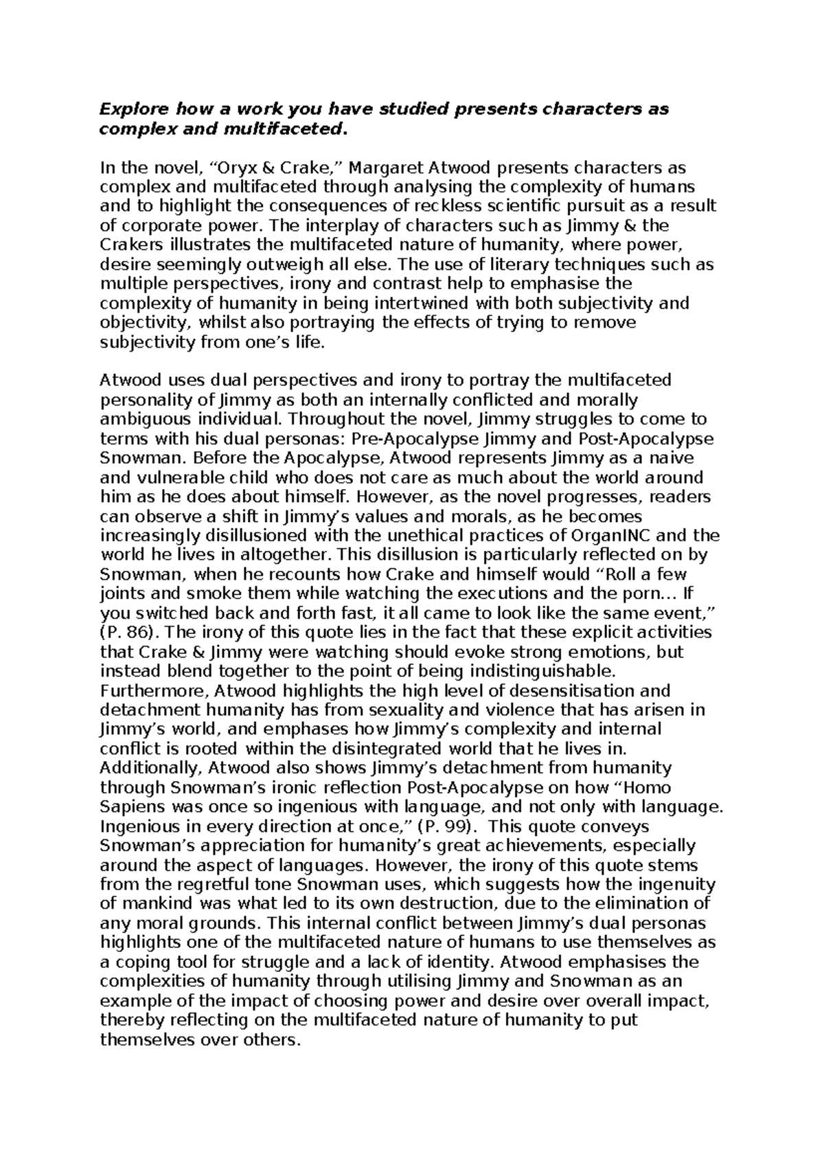 Oryx and Crake Essay - Explore how a work you have studied presents ...