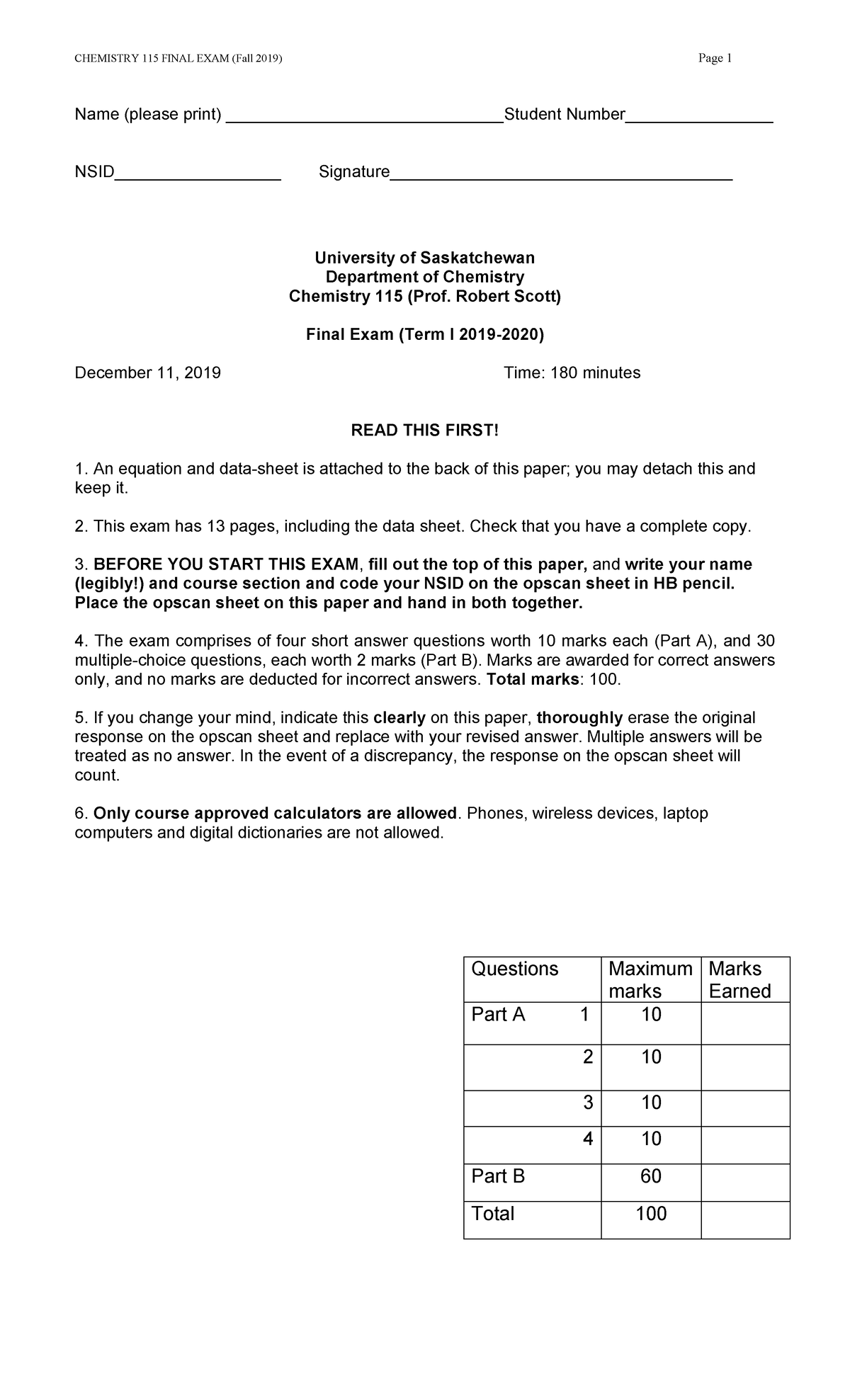 Chem 115 Final Exam Solutions (Fall 2019) - University of Saskatchewan ...