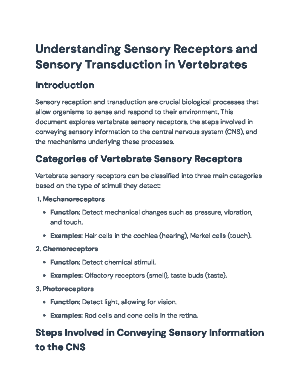 Understanding Sensory Receptors and Transduction in Vertebrates ...