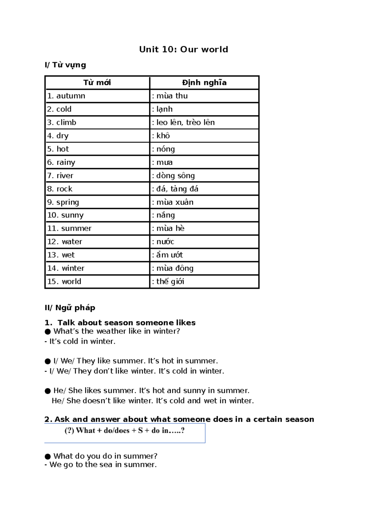 Unit 10: Our World - Vocabulary & Grammar Notes - Studocu