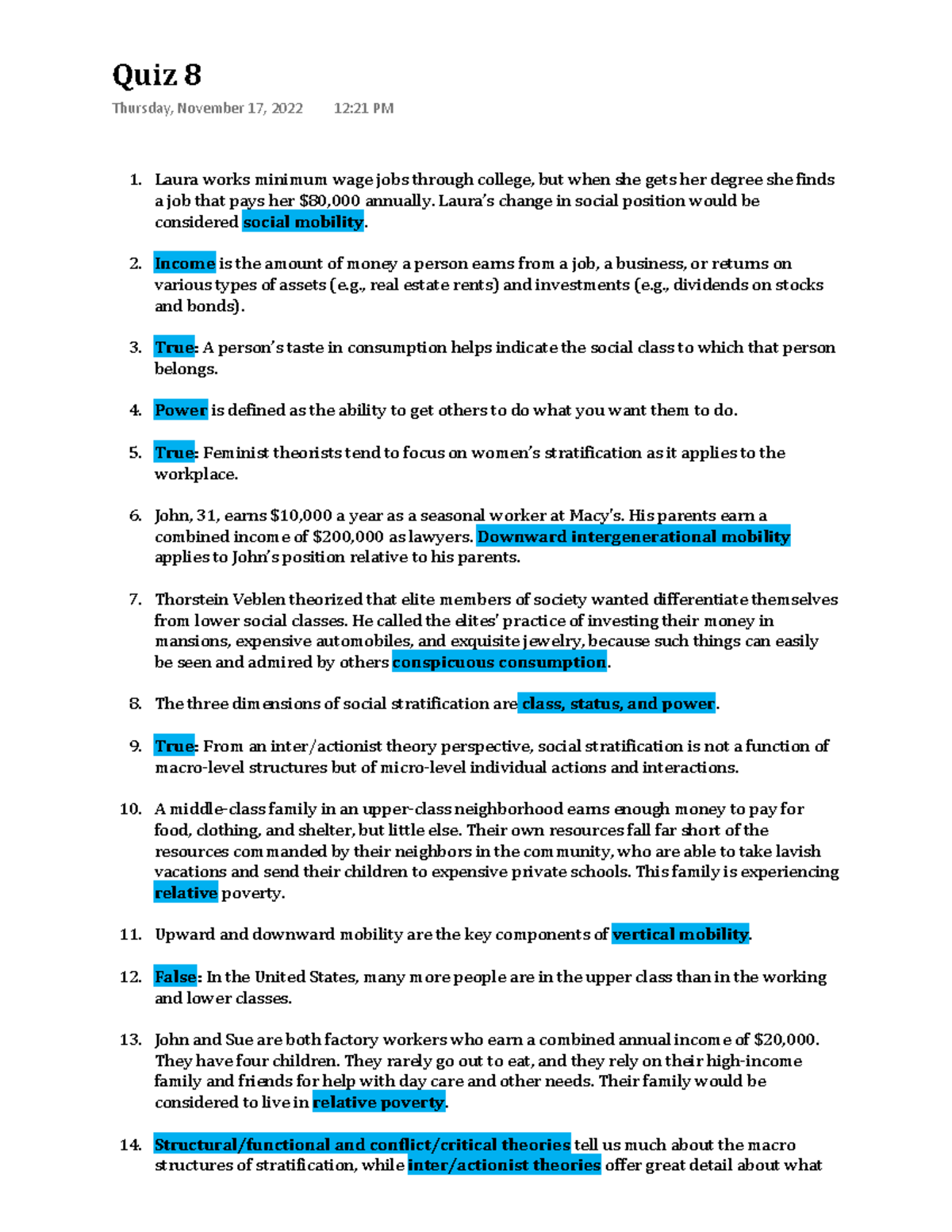 SOC1013 - Quiz 8 - Understanding Social Mobility and Stratification ...
