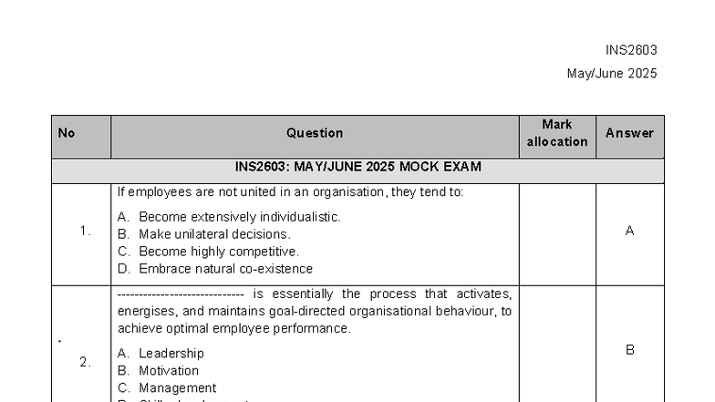 MOCK EXAM INS2603: 2025 Comprehensive Question & Answer Guide - Studocu