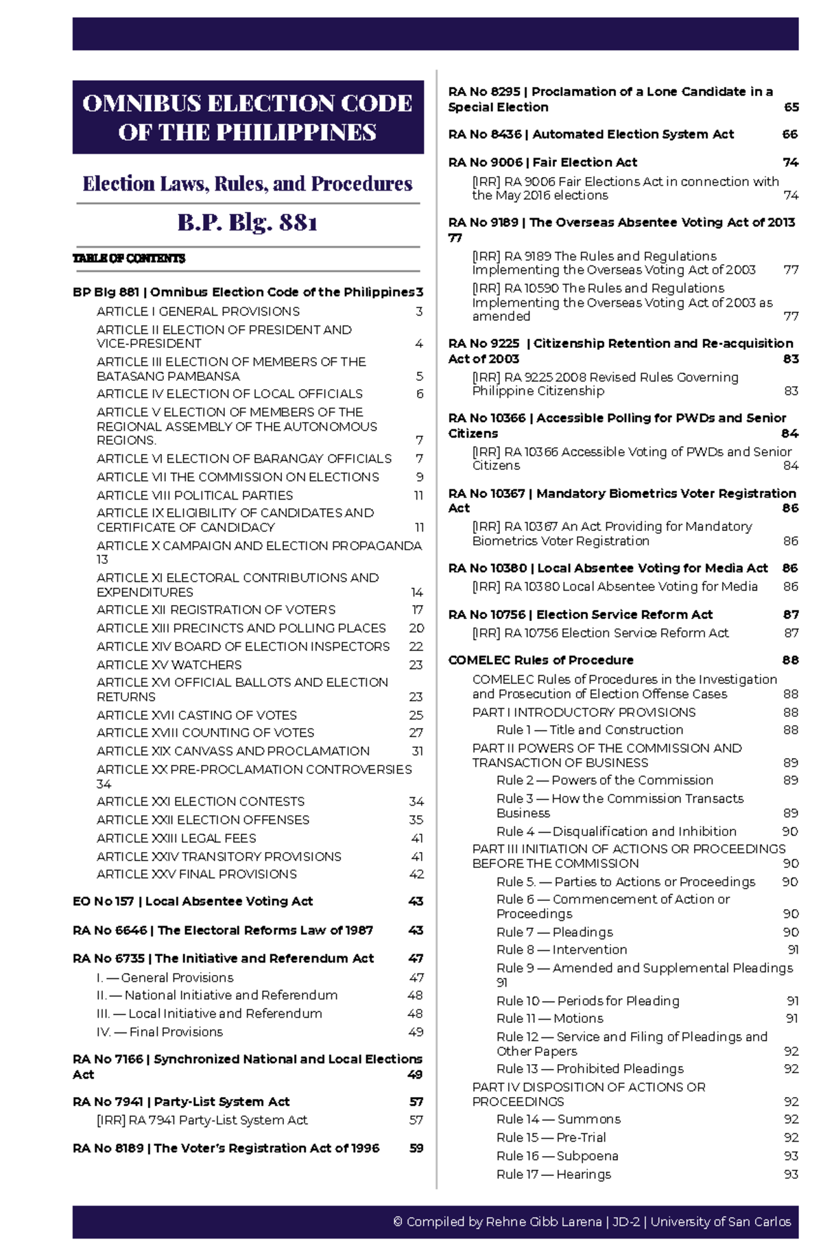 OMNIBUS ELECTION CODE OF THE PHILIPPINES: Essential Laws & Procedures - Studocu