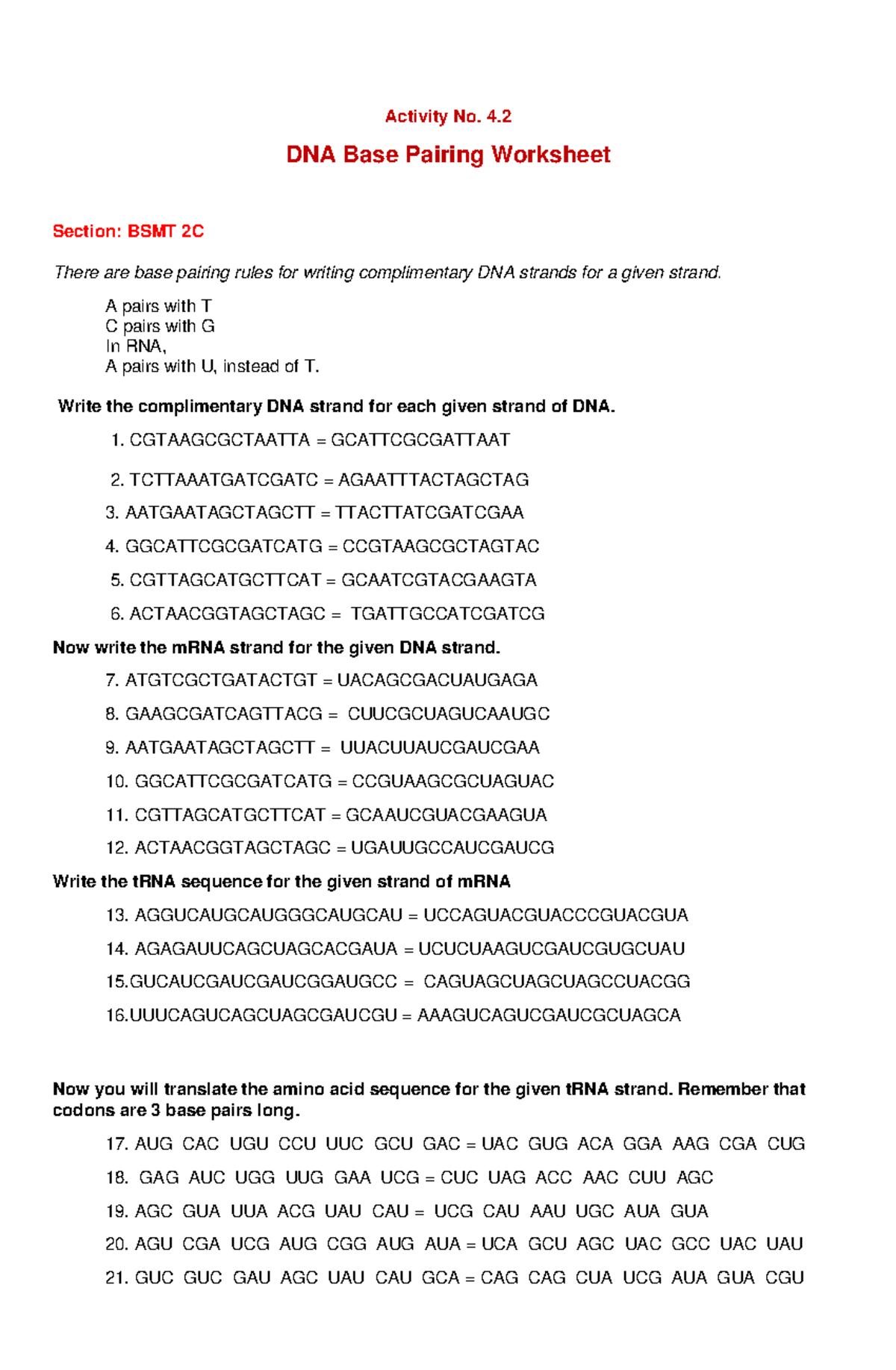 Activity no. 4.2 DNA Base Pairing (BIOCHEM ACTIVITY) - Activity No. 4 ...