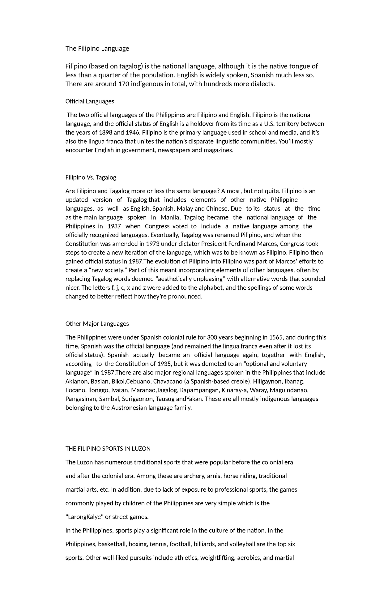 THE Filipino Sports IN Luzon - The Filipino Language Filipino (based on ...