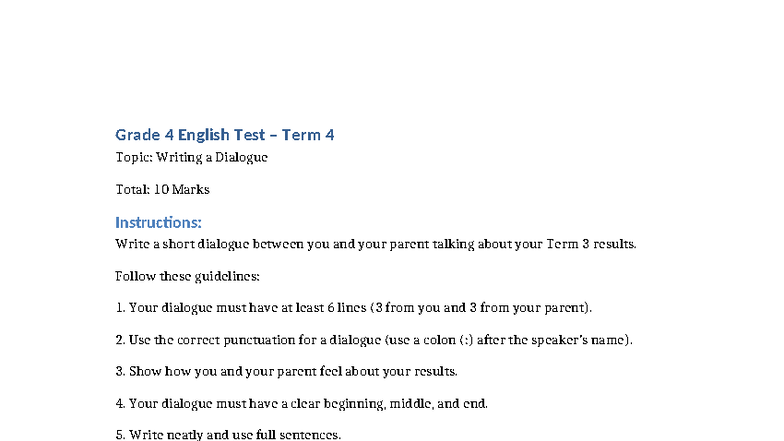 Grade 4 English Test Term 4: Writing a Dialogue Rubric - Studocu
