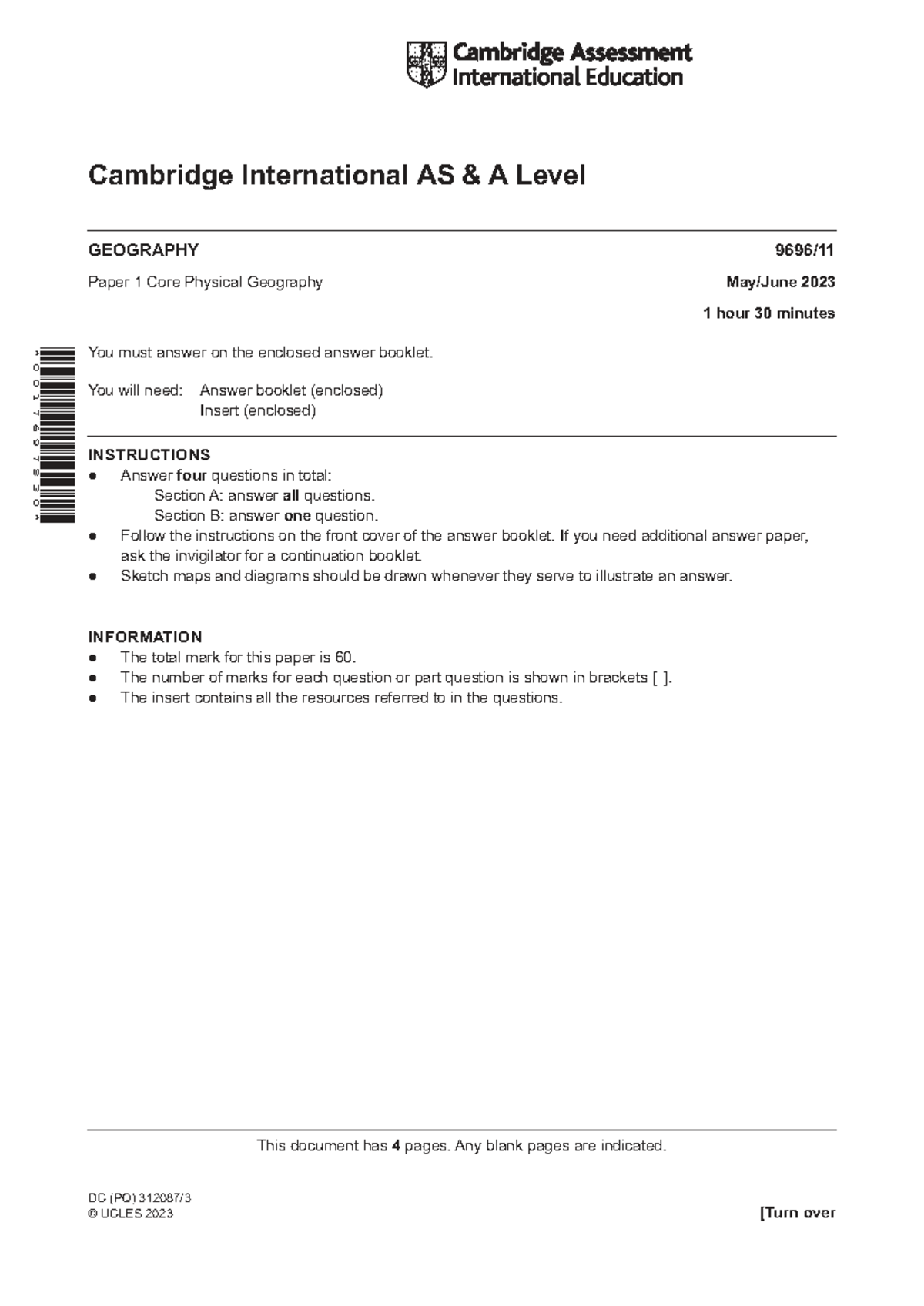 Cambridge International AS A Level GEOGRAPHY 9696 Paper 1 Core Physical ...