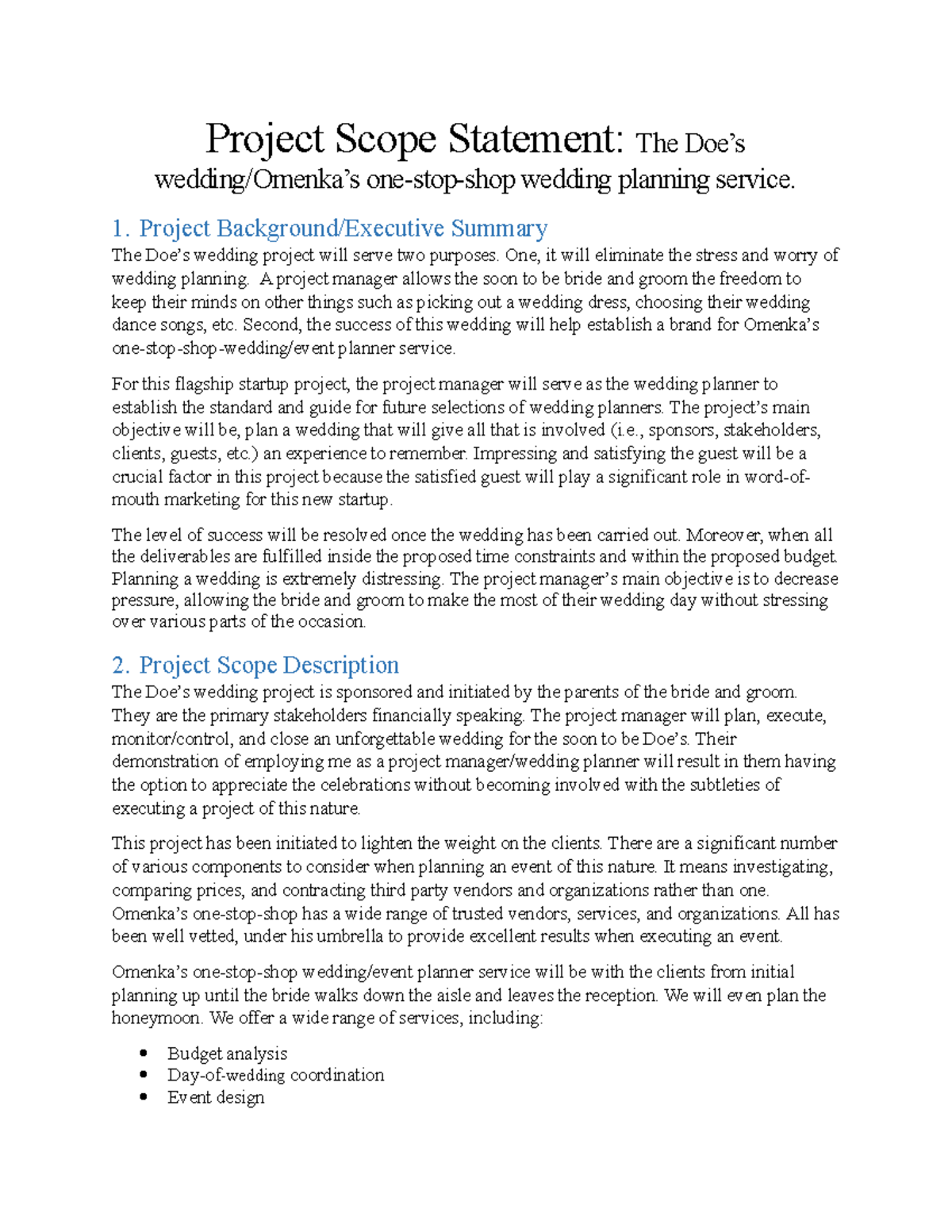 Webb ISDS 715 Project Scope Statement for The Doe's Wedding Planner ...