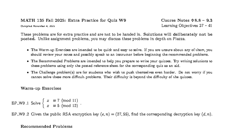 MATH 135 Fall 2025: Extra Practice Problems for Quiz W9 - Studocu