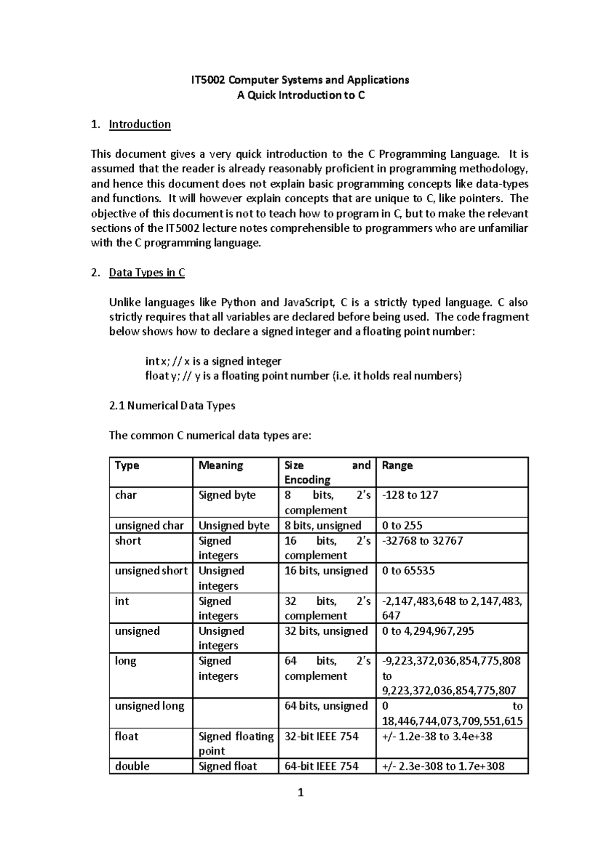 IT5002 Quick Intro to C Programming Language Concepts - Studocu