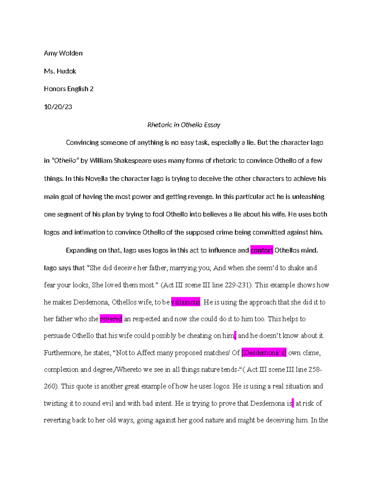 Honors English 2: Rhetoric Analysis in Othello Essay - Studocu