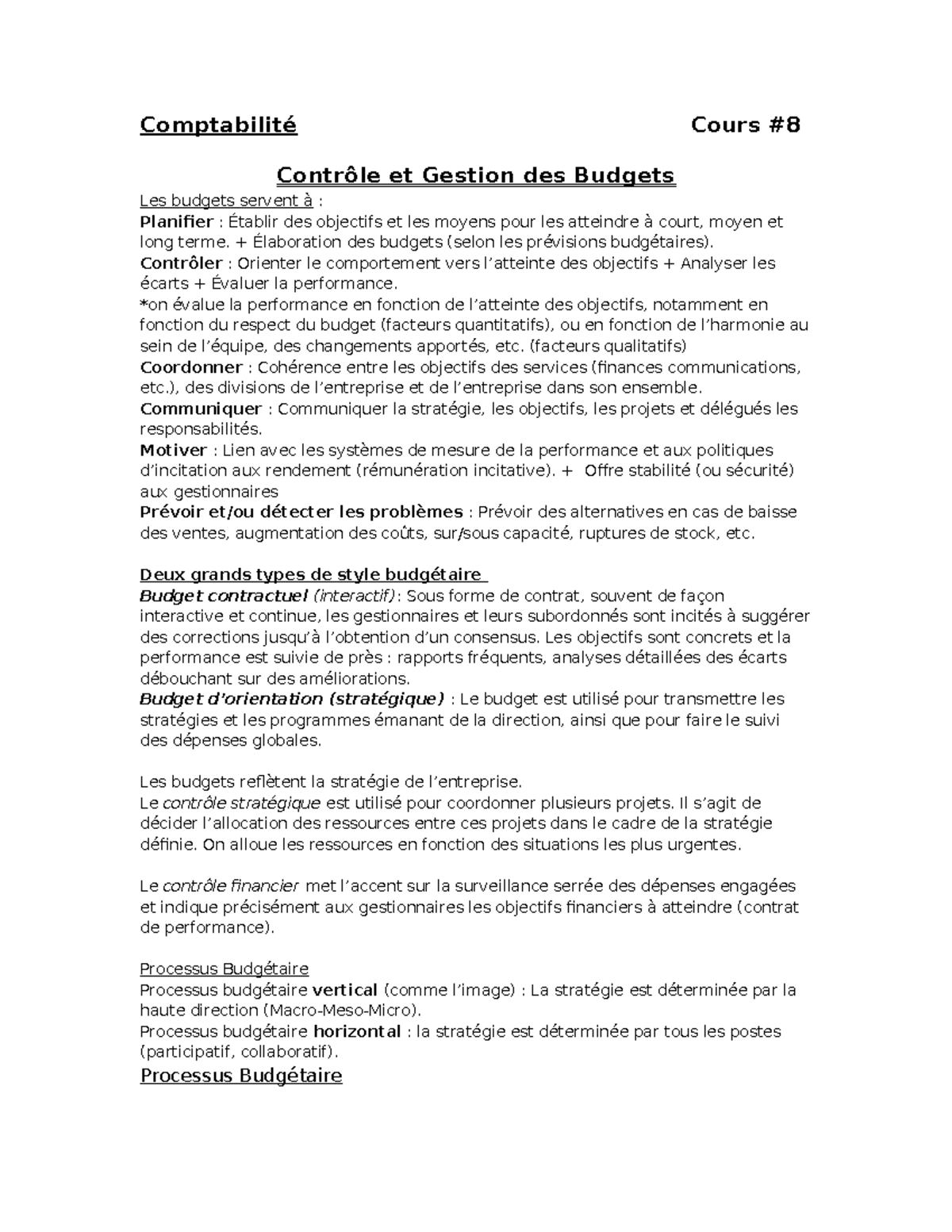 Résumé Comptabilité Cours: Contrôle et Gestion des Budgets - Studocu