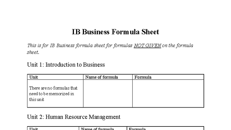IB Business Formula Sheet (Not Given) - Key Formulas Overview - Studocu