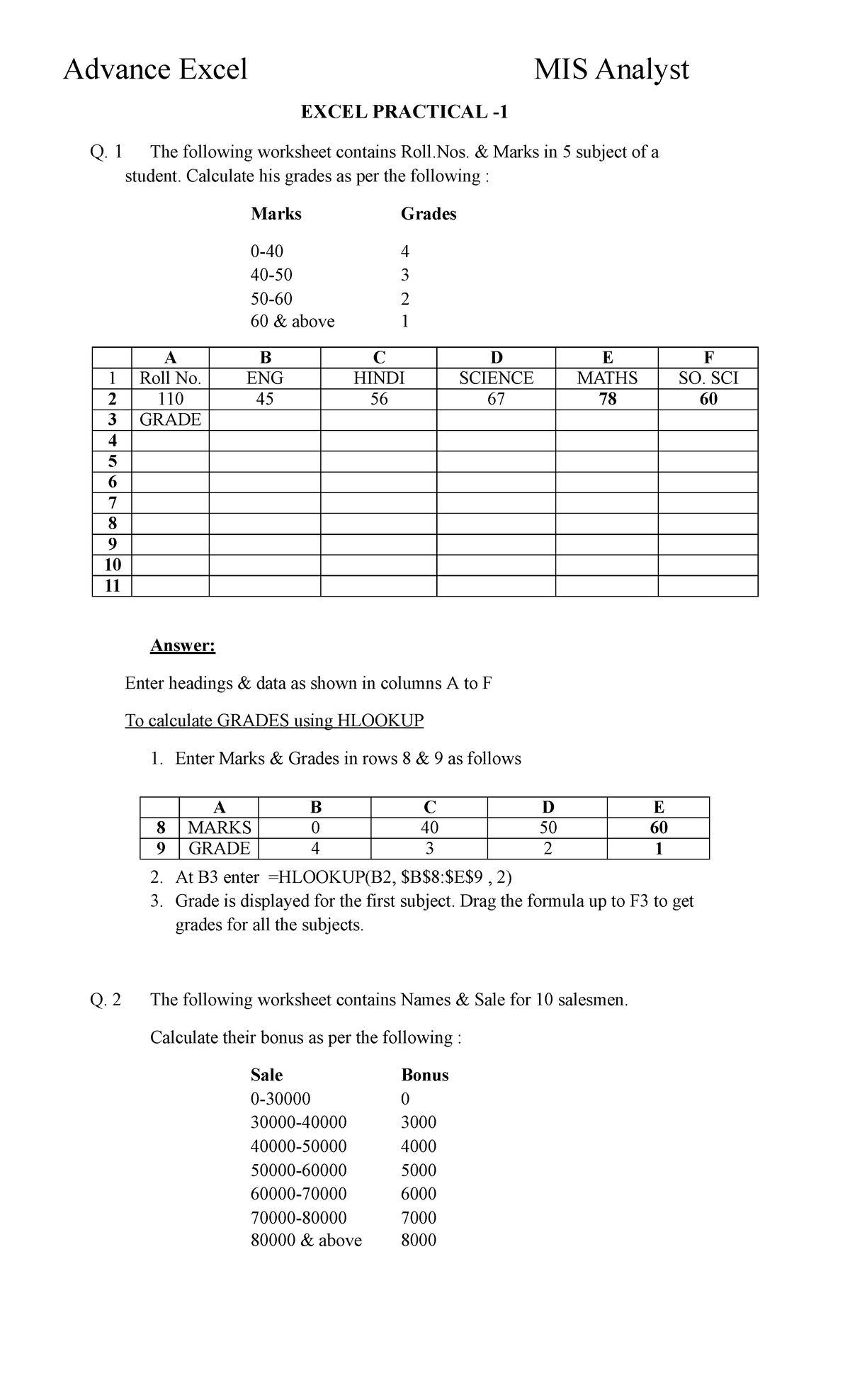 Excel practrical - EXCEL PRACTICAL - Q. 1 The following worksheet ...