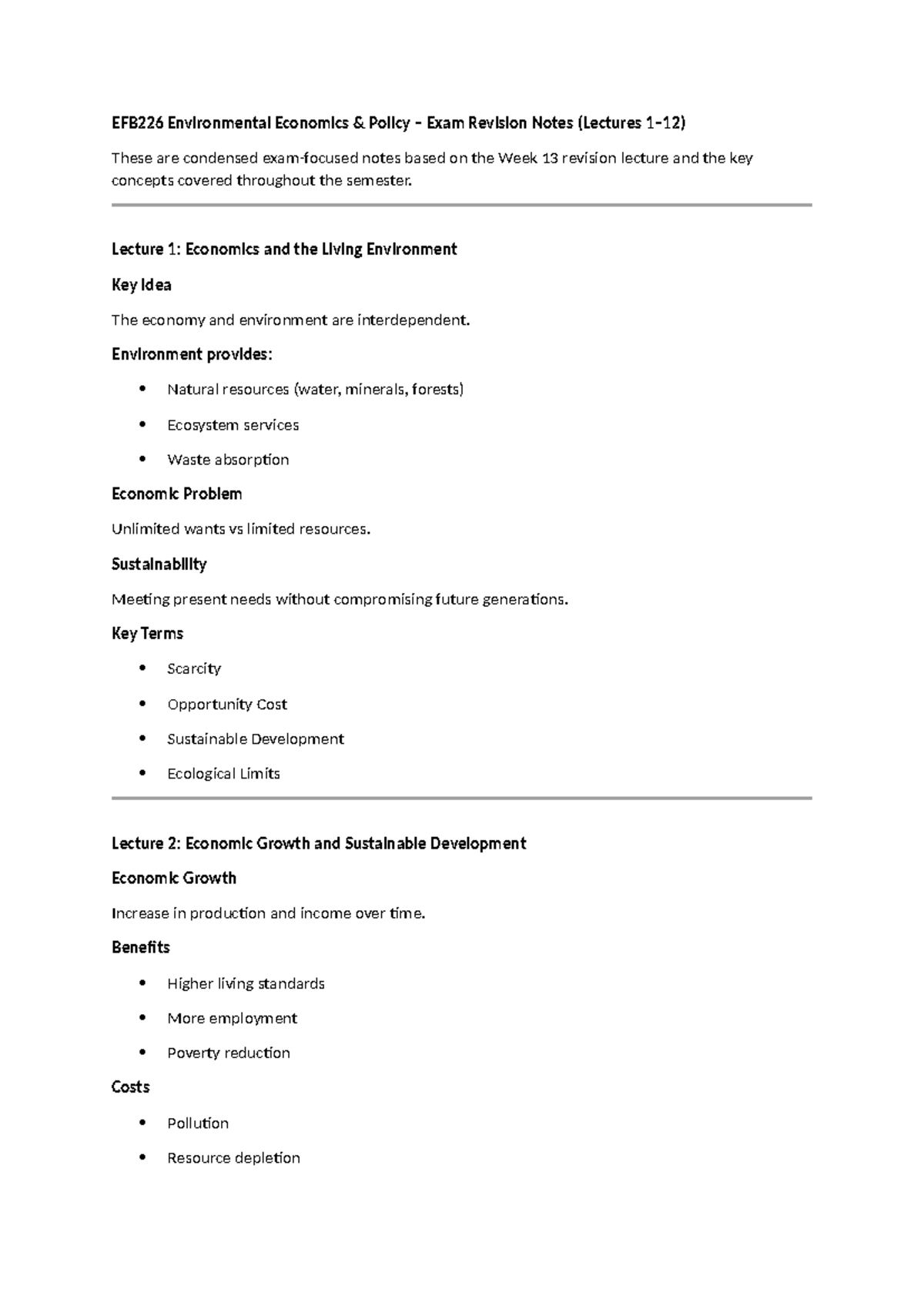 EFB226 Environmental Economics Policy Exam Revision Notes - Studocu