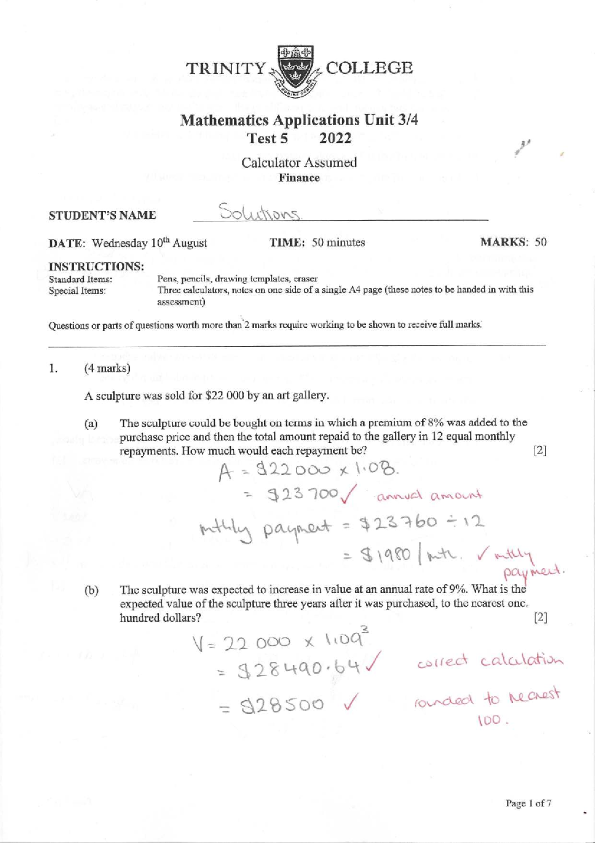 2022 Yr12 Mathematics Applications Unit Test 5 Finance Solutions - Studocu