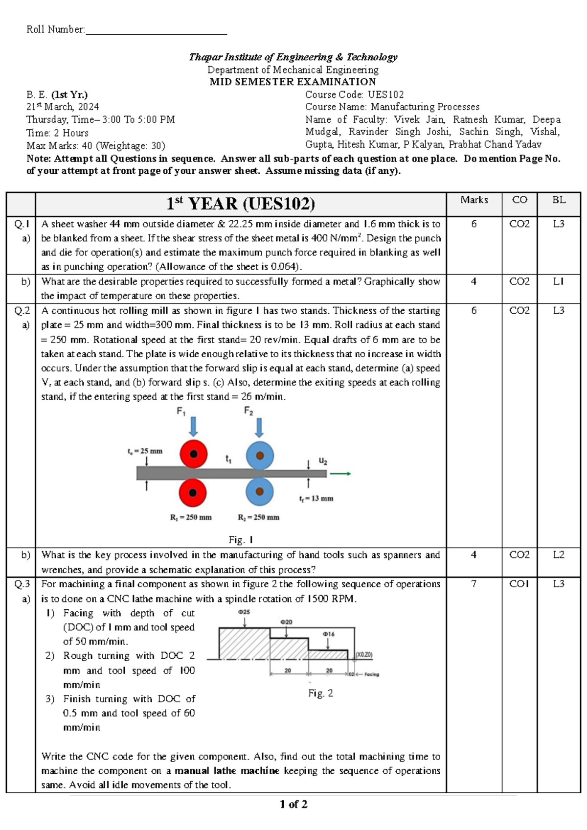 UES102 Mid Semester Exam - Manufacturing Processes (1st Yr) - March ...