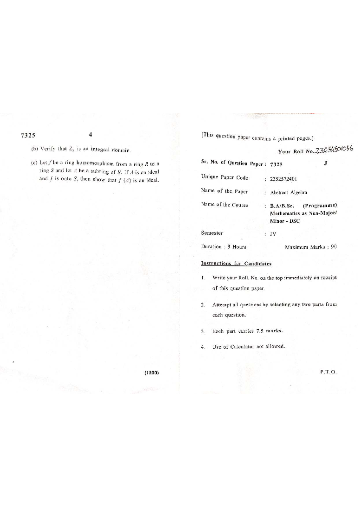 7325 Abstract Algebra Question Paper - PYQ c - Studocu