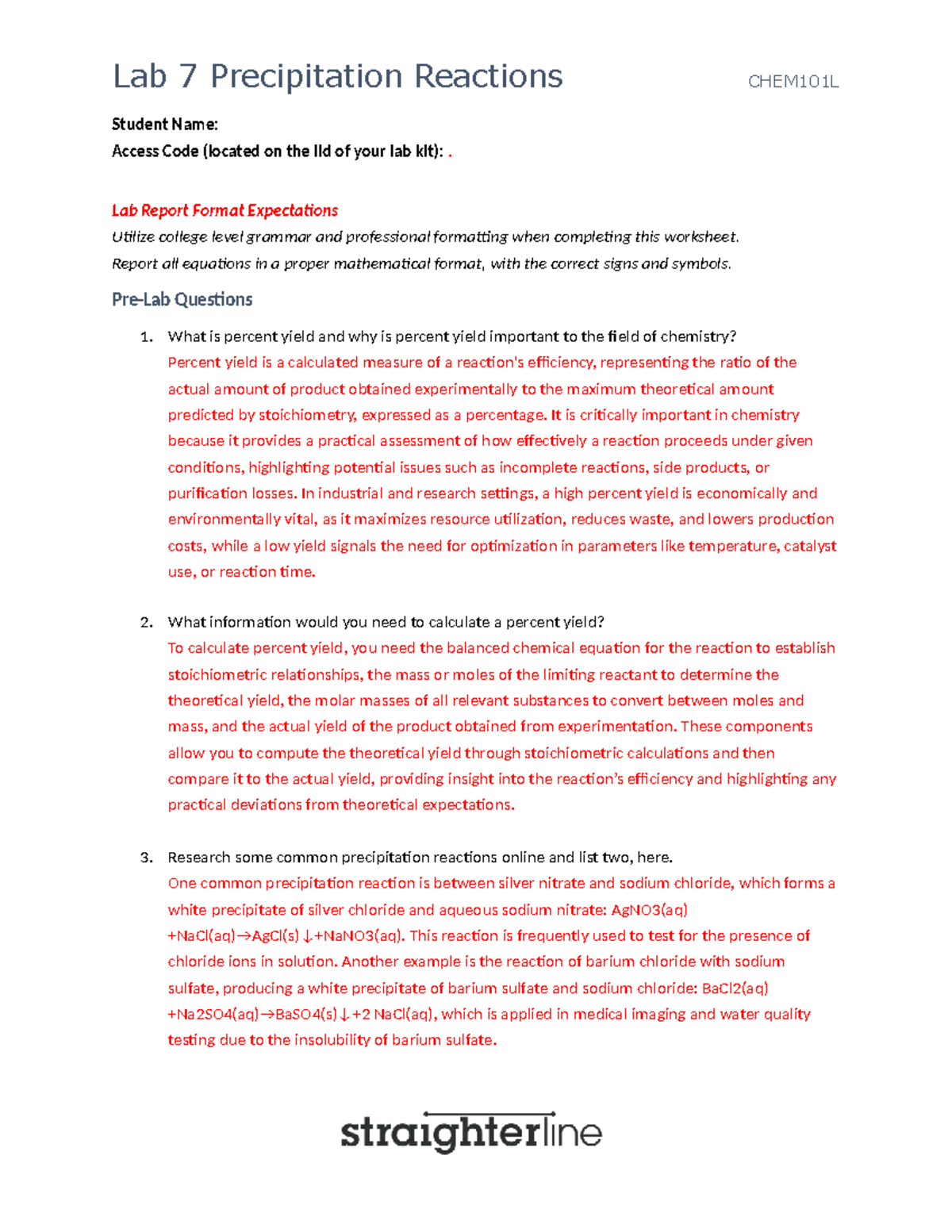 CHEM101L Lab 7 - Precipitation Reactions Report - Studocu