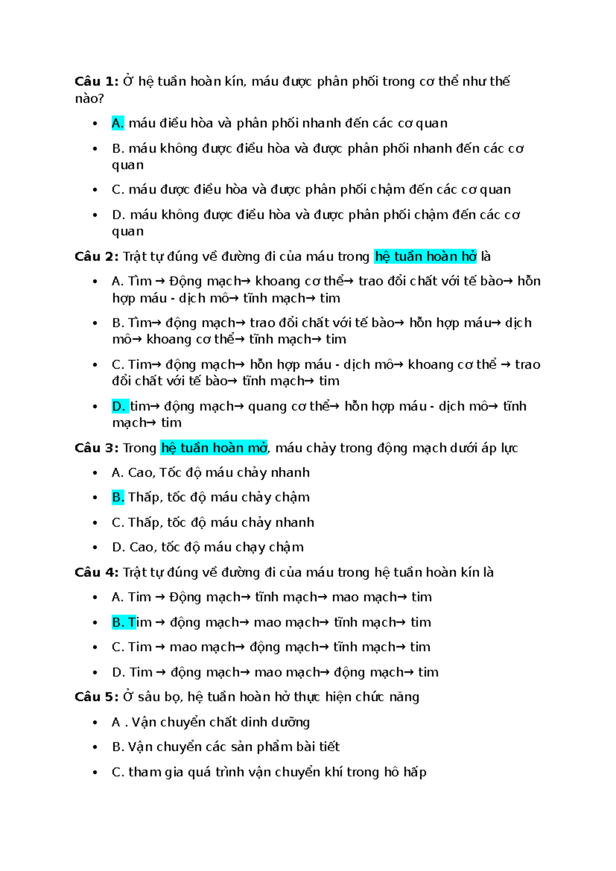 Bài Tập Hệ Tuần Hoàn - Môn Sinh Học (SSSSS) - Studocu