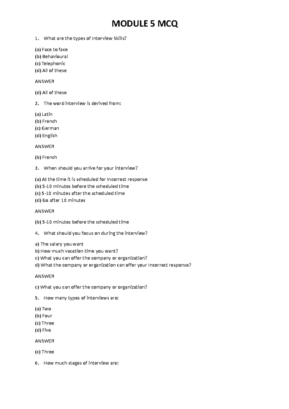 Module 5 MCQ - Comprehensive Interview Skills Question Bank - Studocu