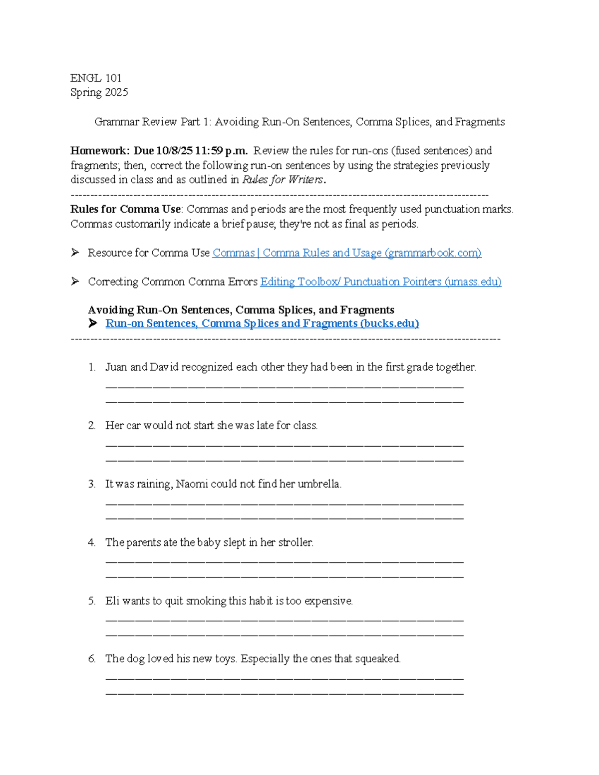 ENGL 101 Spring 2025 Grammar Review: Run-Ons, Fragments & Commas - Studocu