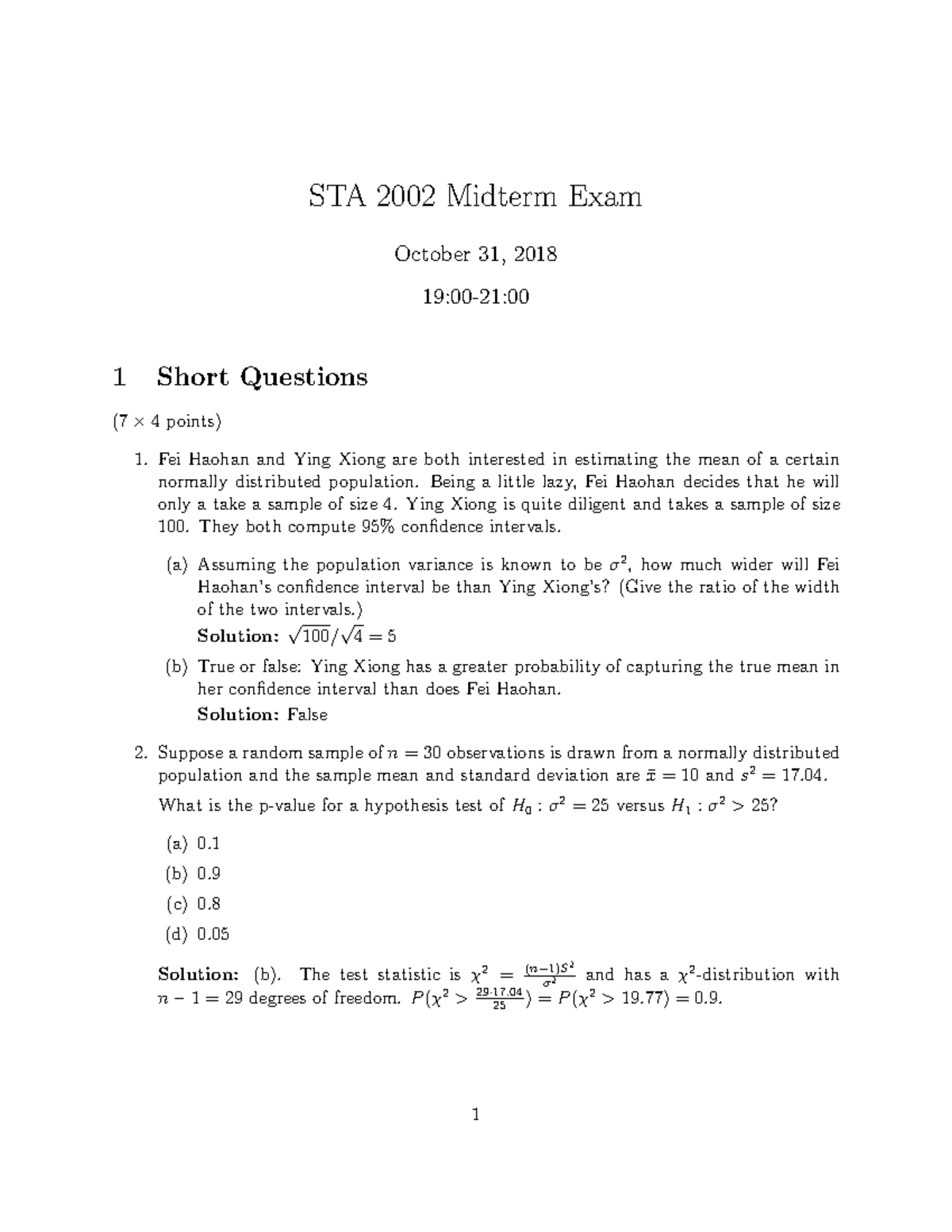 STA 2002 Midterm Exam Solutions - Practice Questions and Answers - Studocu