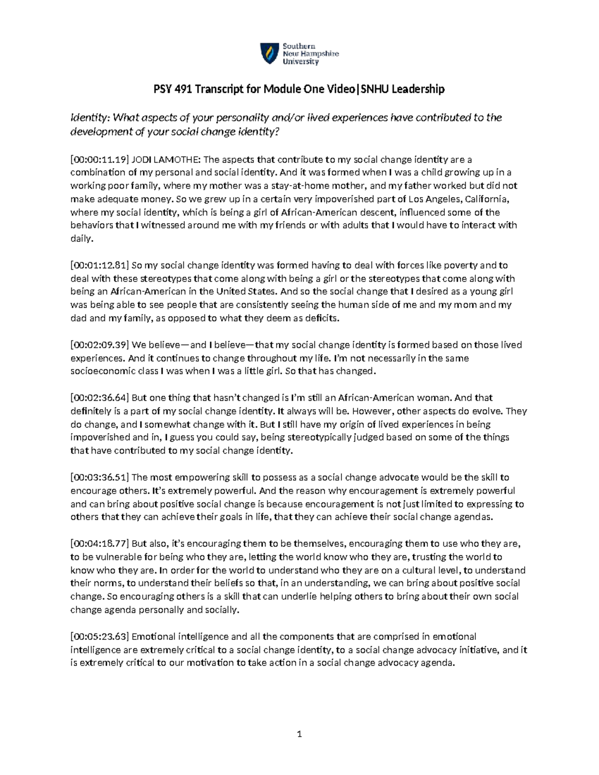 PSY 491 Transcript for Module One Video SNHU Leadership - PSY 491 ...