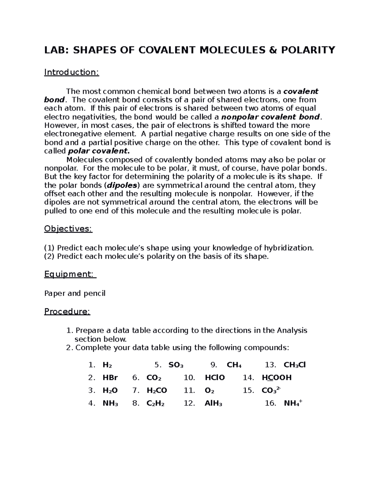 LAB1: Analyzing Covalent Molecules' Shapes & Polarity in Chemistry ...