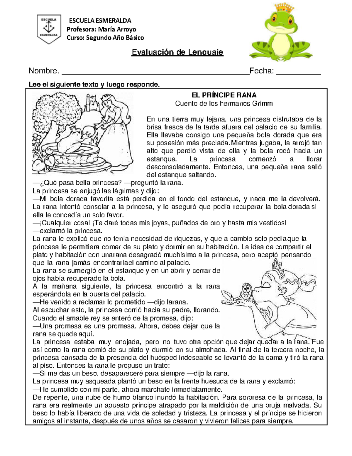 Evaluación de Lenguaje: El Príncipe Rana - 2° Año Básico - Studocu