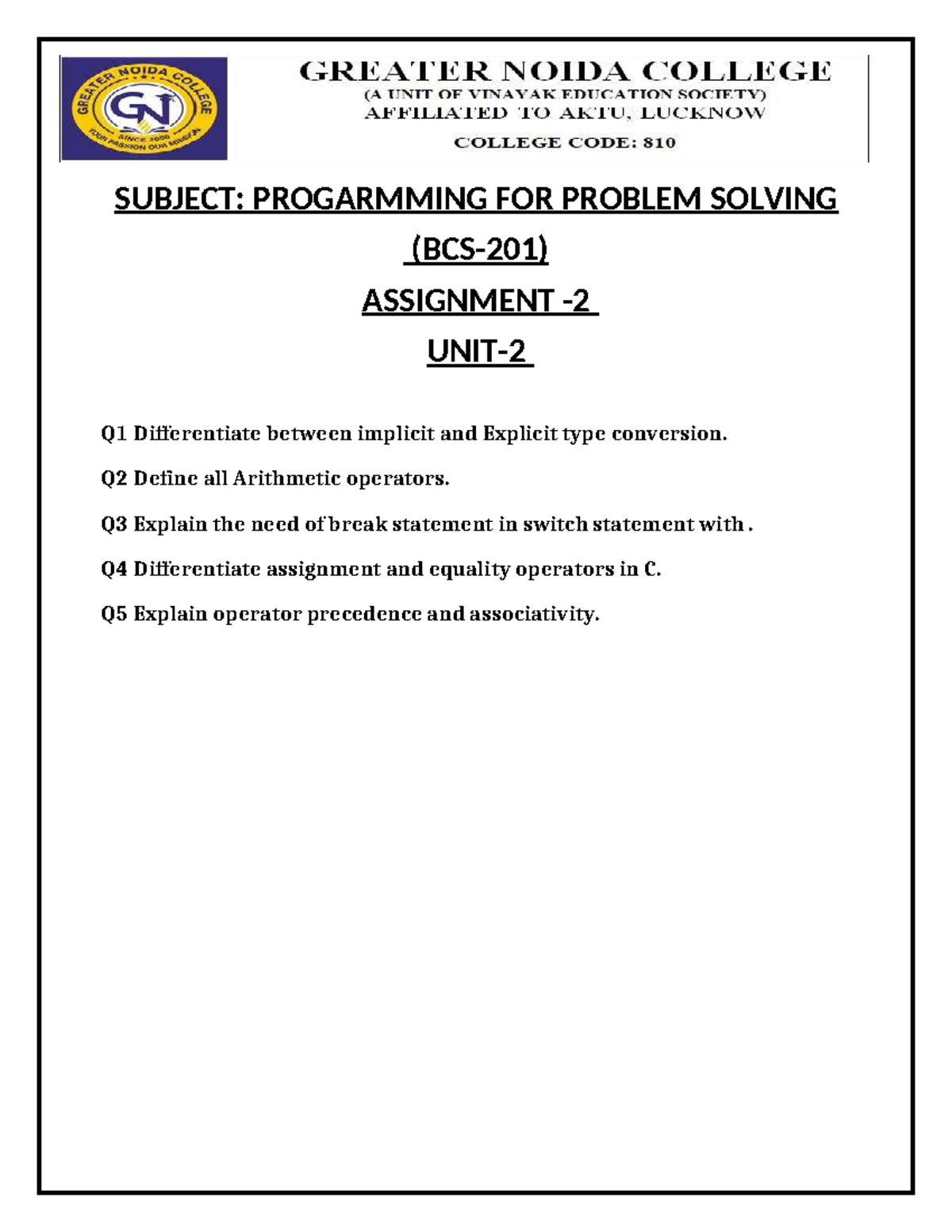 Programming for Problem Solving Assignment - 1: Type Conversion & Flowcharts - Studocu