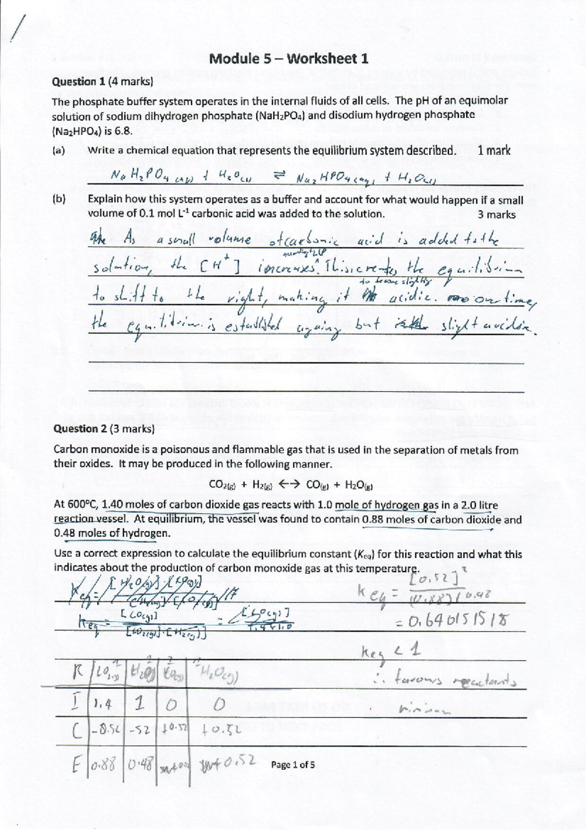 Chemistry WS - Module 5 Worksheet on Buffer Systems and Reactions - Studocu