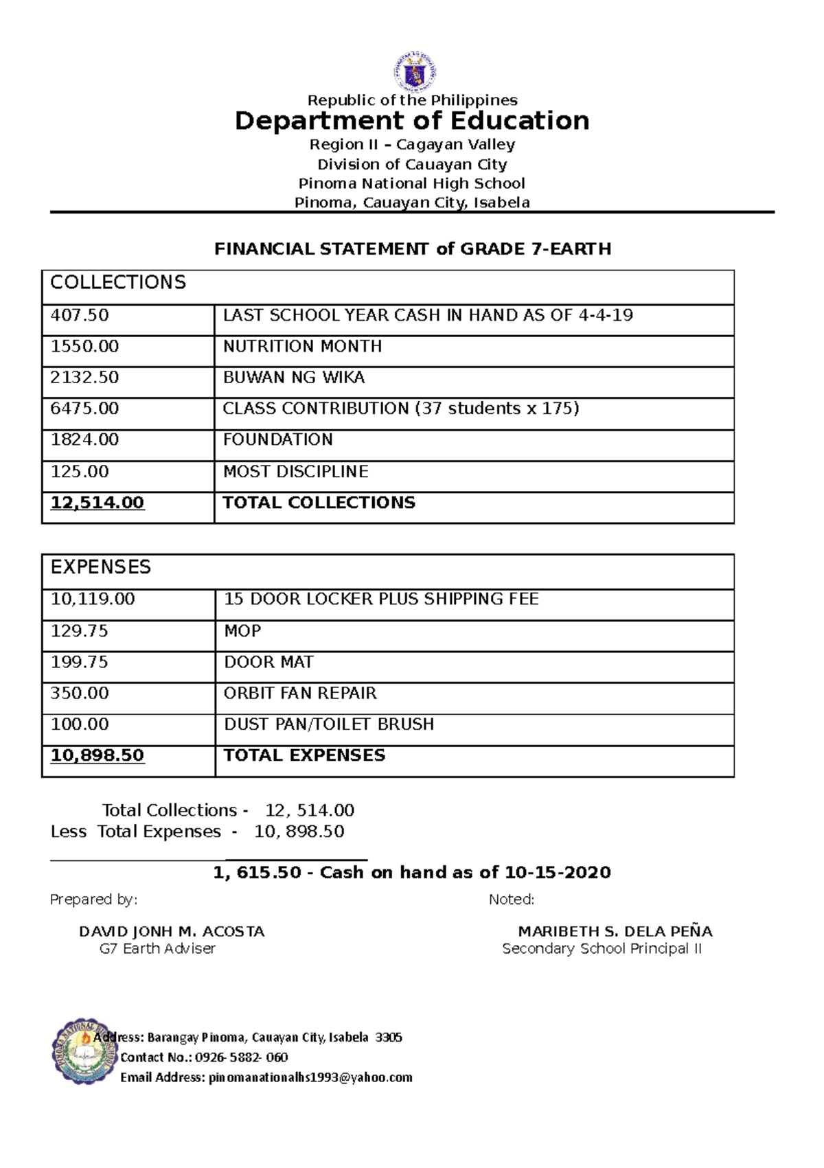 Financial Statement for Grade 7 Earth Project 2023-2024 - Studocu