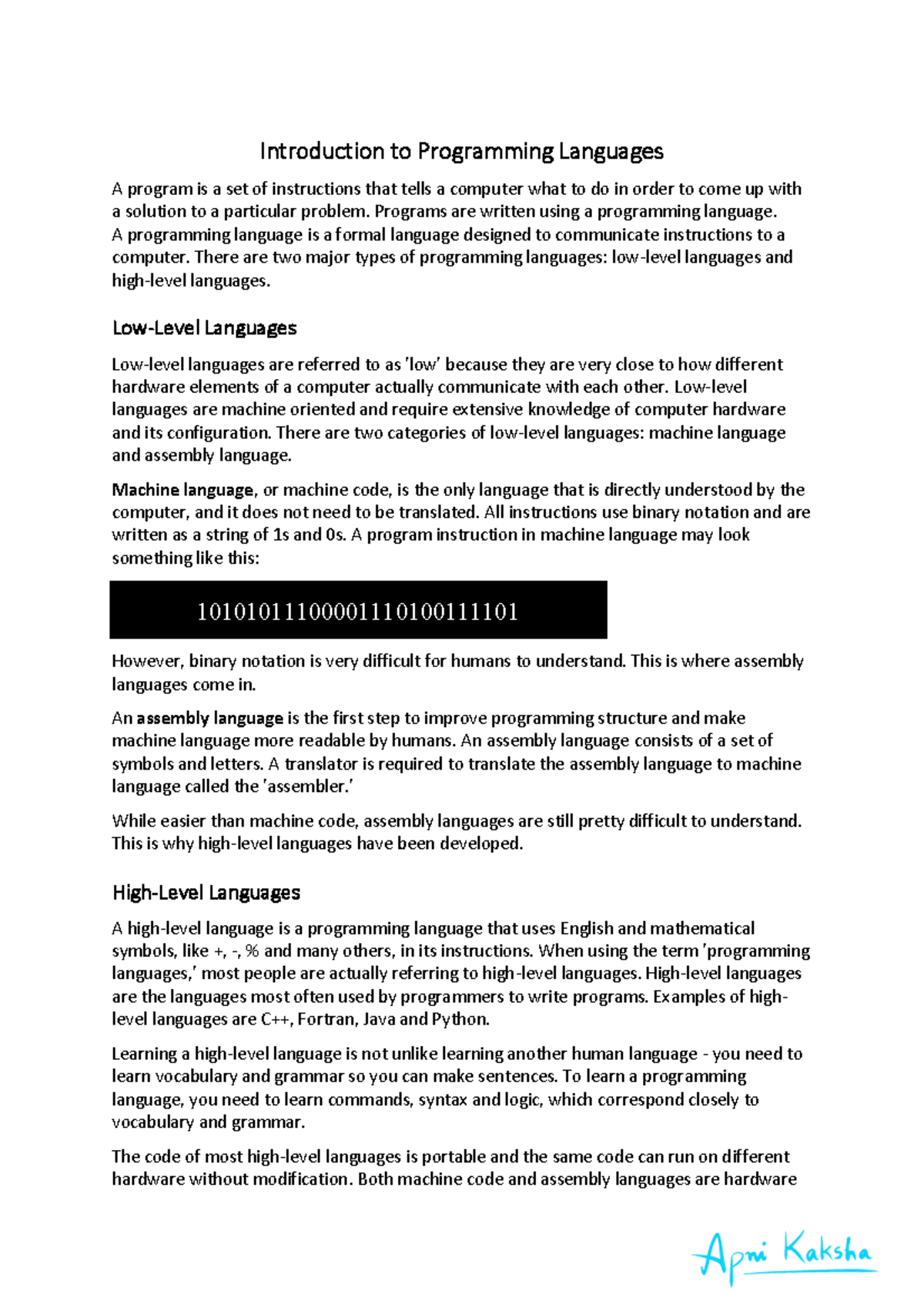 1.1 Lecture Notes - Introduction to Programming Languages A program is ...