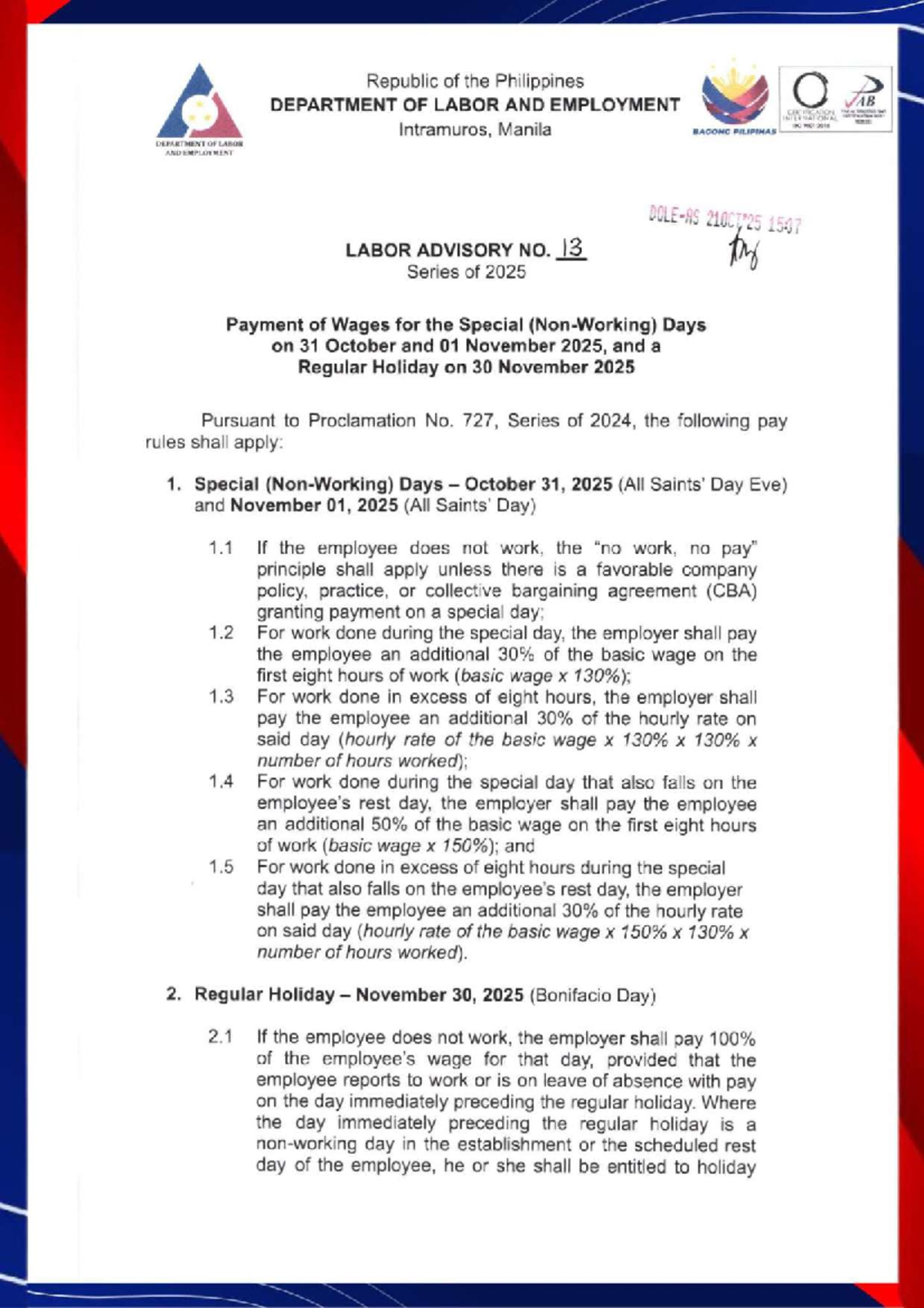 DOLE Labor Advisory No. 13, s. 2025: Wage Rules for Special Days - Studocu