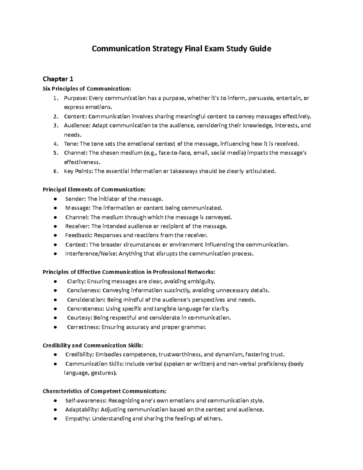 Communication Strategy: Final Exam Study Guide (Course Code: COMM 101 ...