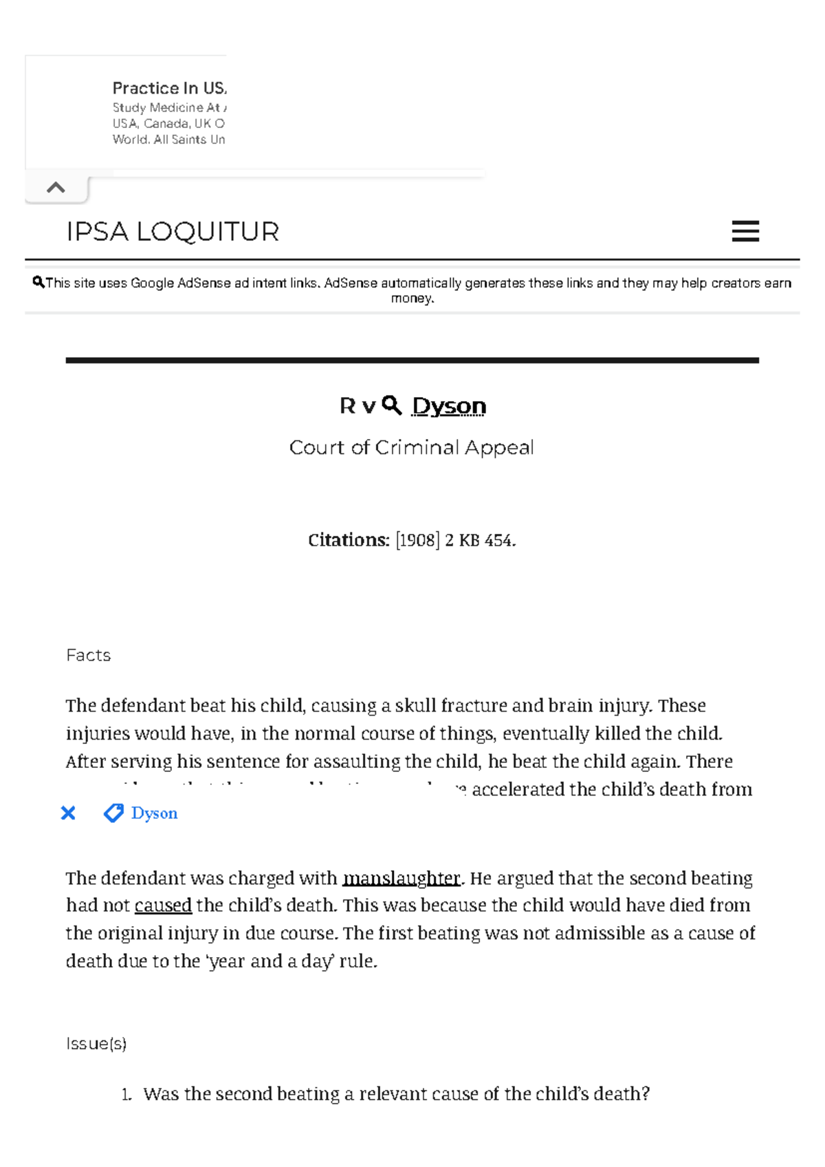 R v Dyson - Case Summary on Causation & IPSA Loquitur in Law - Studocu